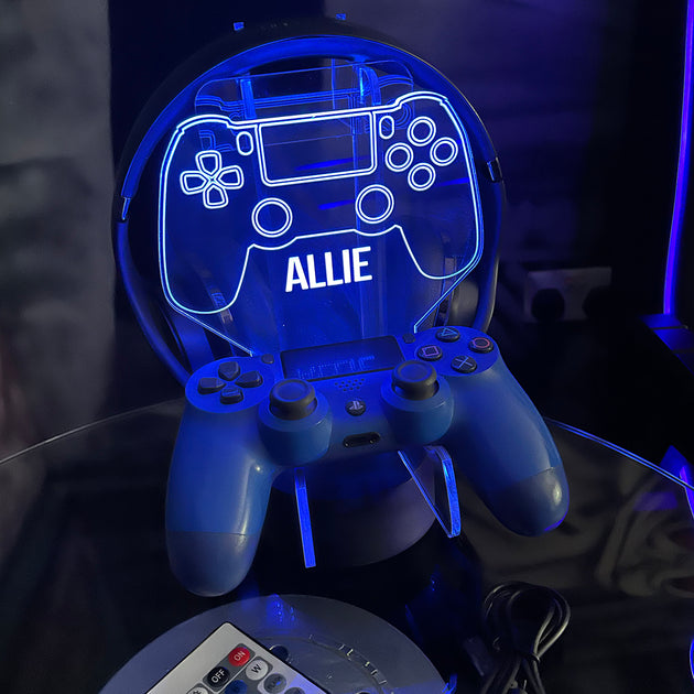 Personalised Neon Blue Retro Games Controller Stand light base – Love ...